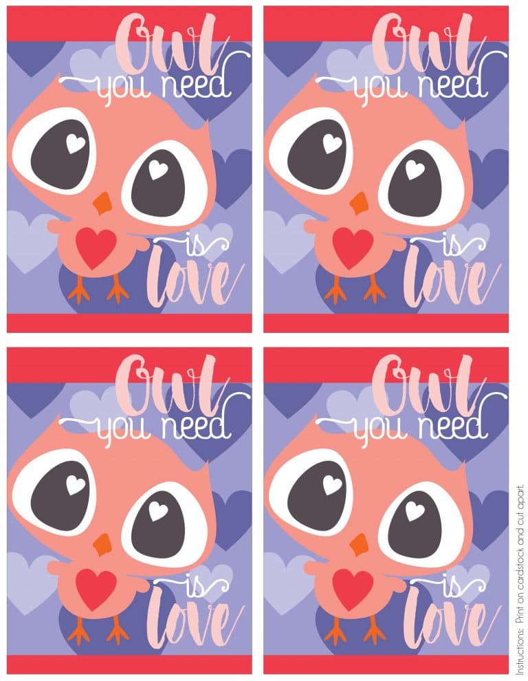 Free Printable Owl Valentine Cards - Four Cards to a Page