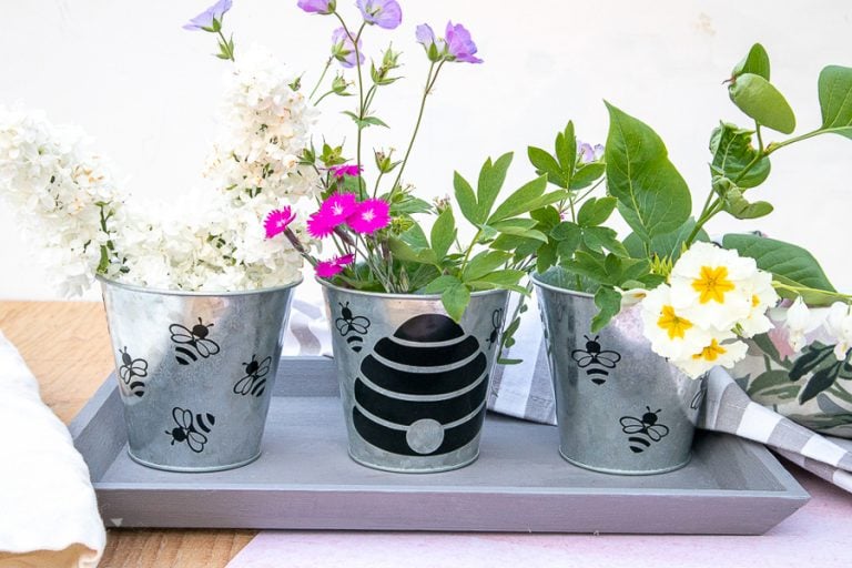 DIY Honey Bee Galvanized Flower Buckets - Cricut Craft with Free SVG